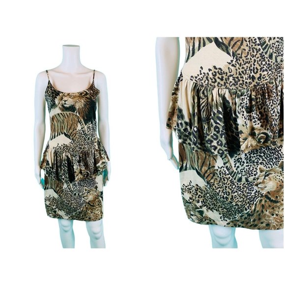 Vintage | Dresses | Vintage 98s Mini Dress Lion Tiger Animal Print Peplum Party B 34 | Poshmark